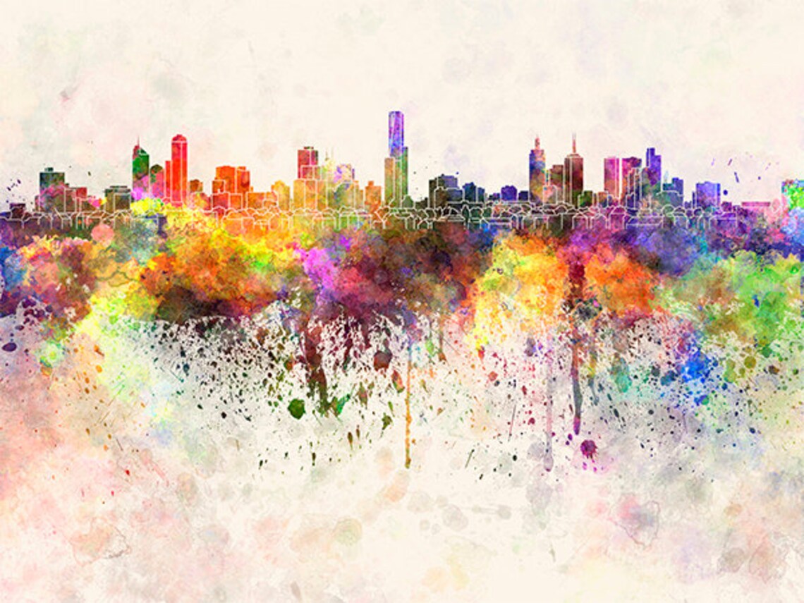 Melbourne Skyline in Watercolor Background 8x10 in to 12x16 Poster ...