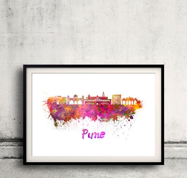 Pune skyline in watercolor over white background with name of | Etsy