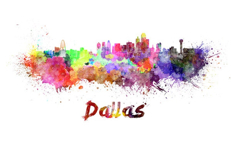 Dallas Skyline in Watercolor Over White Background With Name of City ...