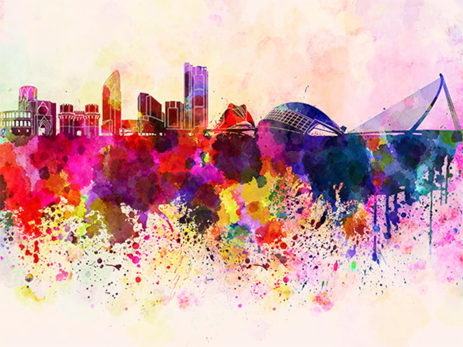 Valencia Skyline in Watercolor Background 8x10 In. to 12x16 In. Poster ...