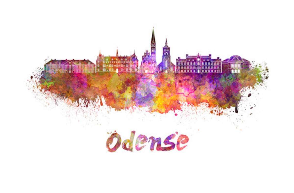 Odense Skyline in Watercolor Over White Background With Name of City ...