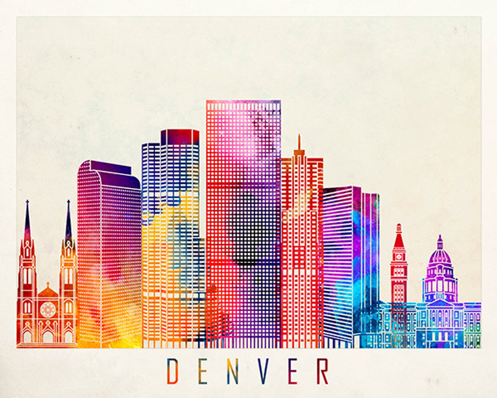 Denver Landmarks Watercolor Poster - Fine Art Print Landmarks Skyline ...