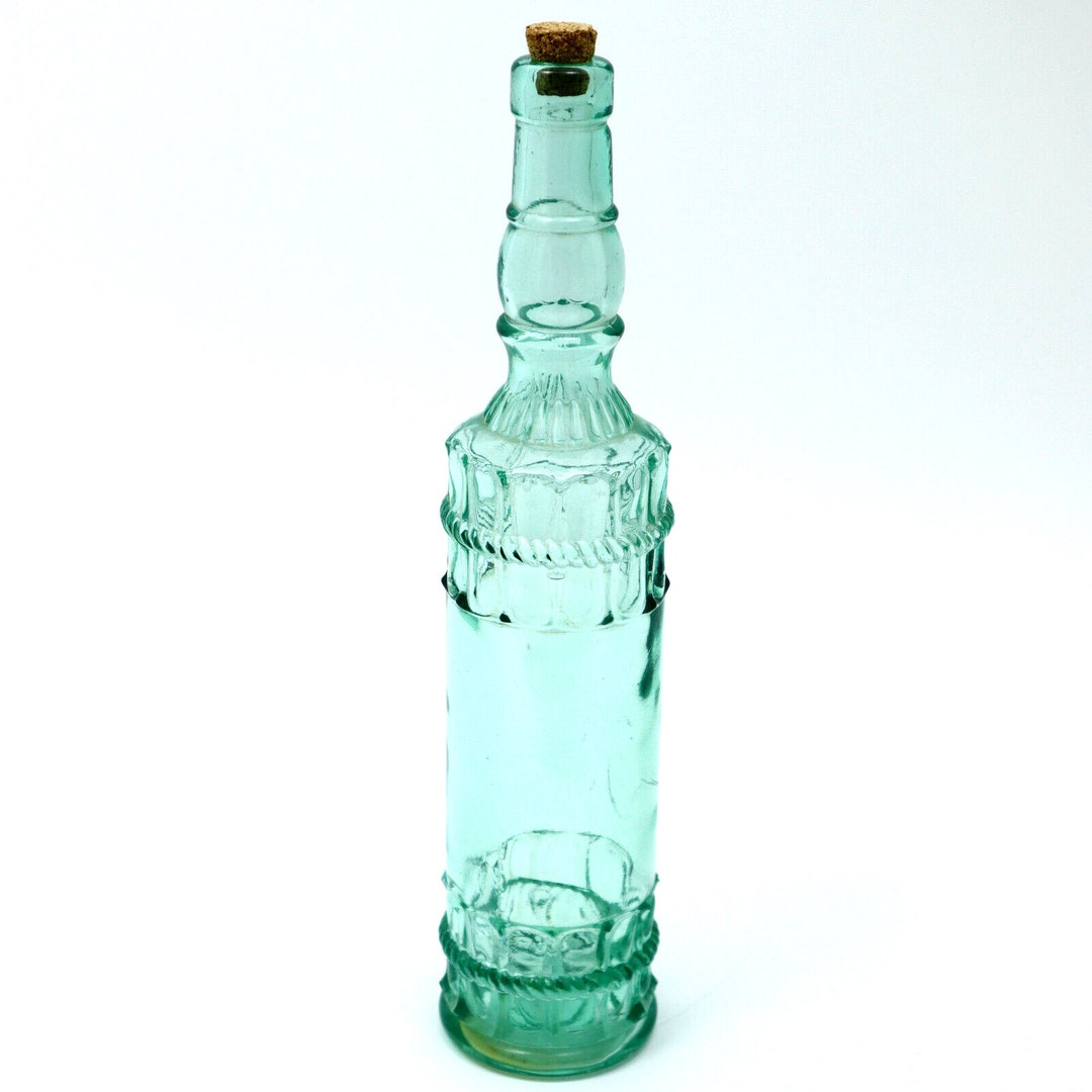 Vintage 14 Tall Round Blue Glass Corked Bottle Beautiful Embossing ...