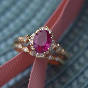 Natural Red Ruby Engagement Ring Set With Matching Band 14k Yellow Gold ...