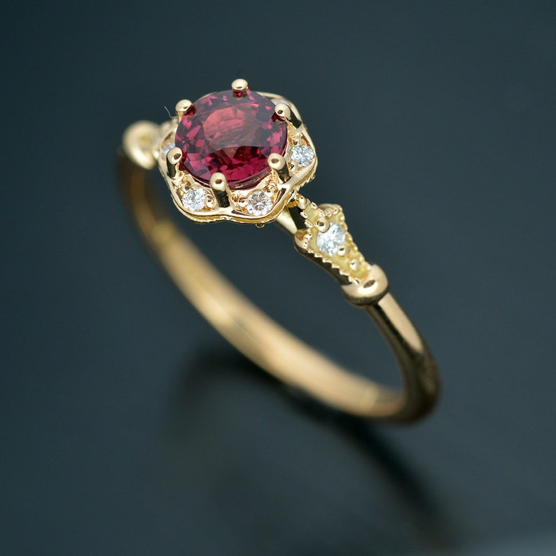 Engagement Ring With a Natural Deep Red Garnet Round in an | Etsy