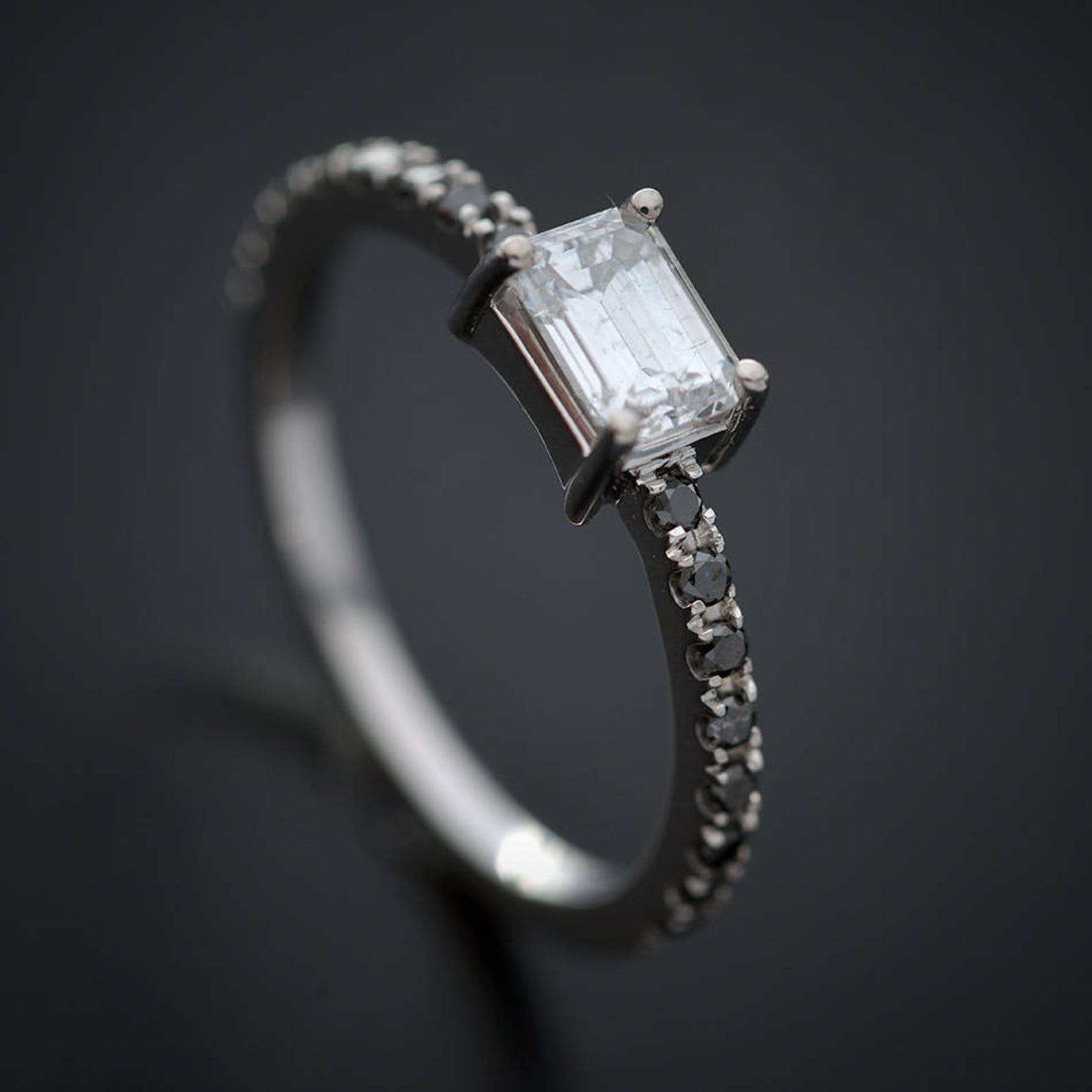 Emerald Cut Diamond Engagement Ring With Black Diamonds Micro - Etsy