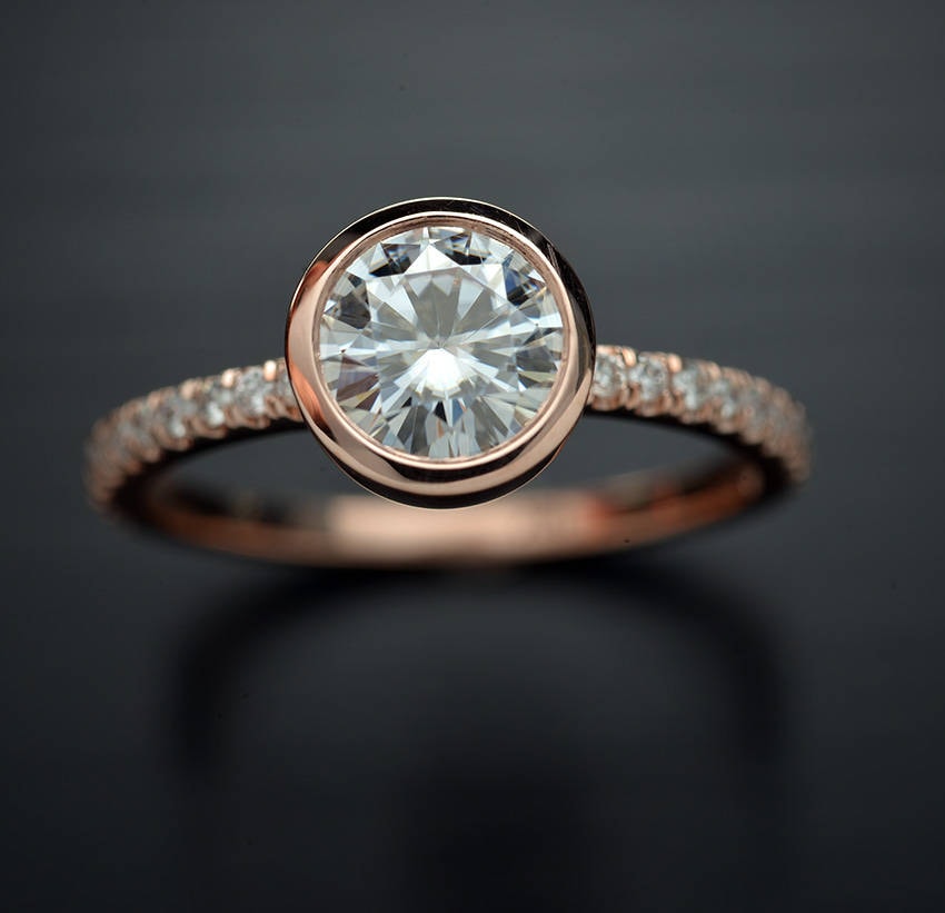 Moissanite Engagement Ring Bezel Set in Rose Gold With Micro - Etsy
