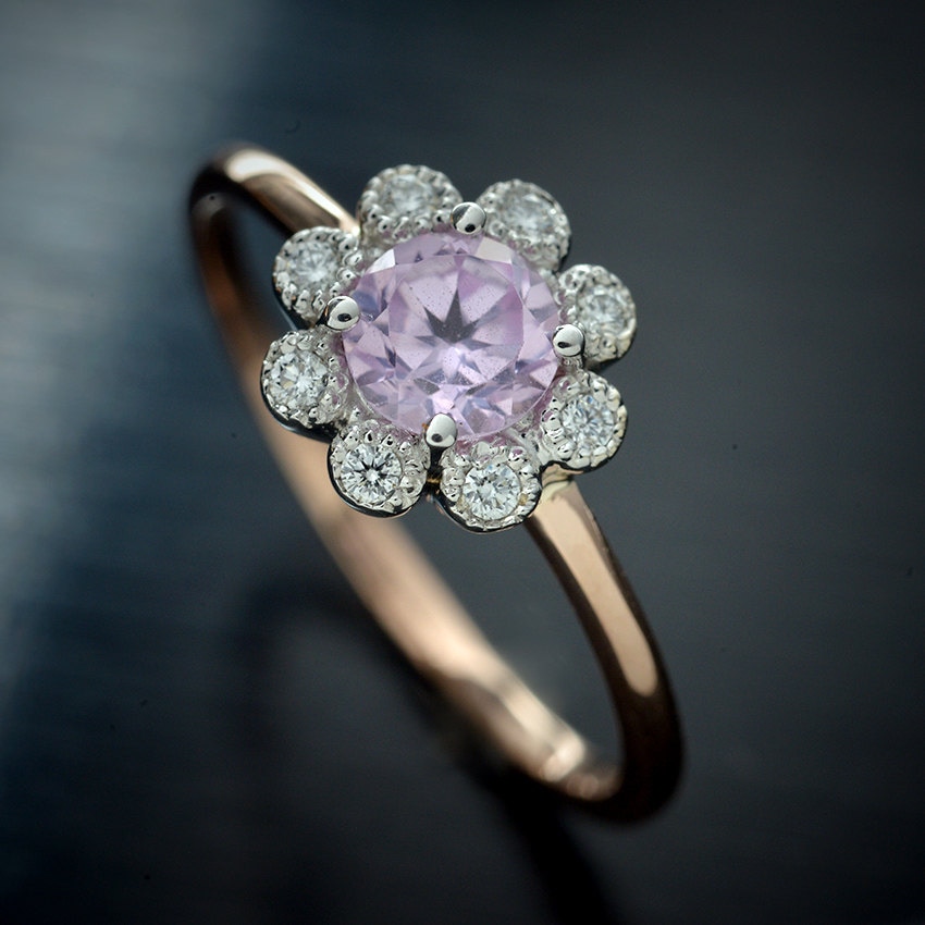 Round Pink Sapphire Fashion Ring With a .50ct Center Stone and 8 Round ...