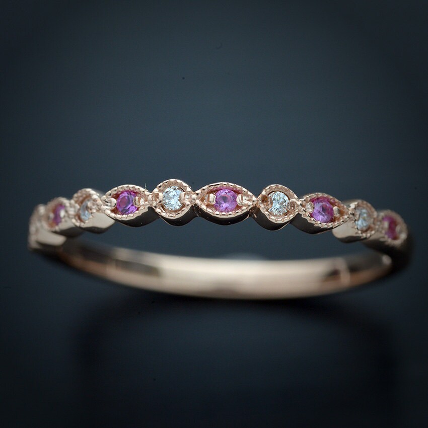 14KT Pink Gold Stackable Band With Diamonds and Pink Sapphires | Etsy