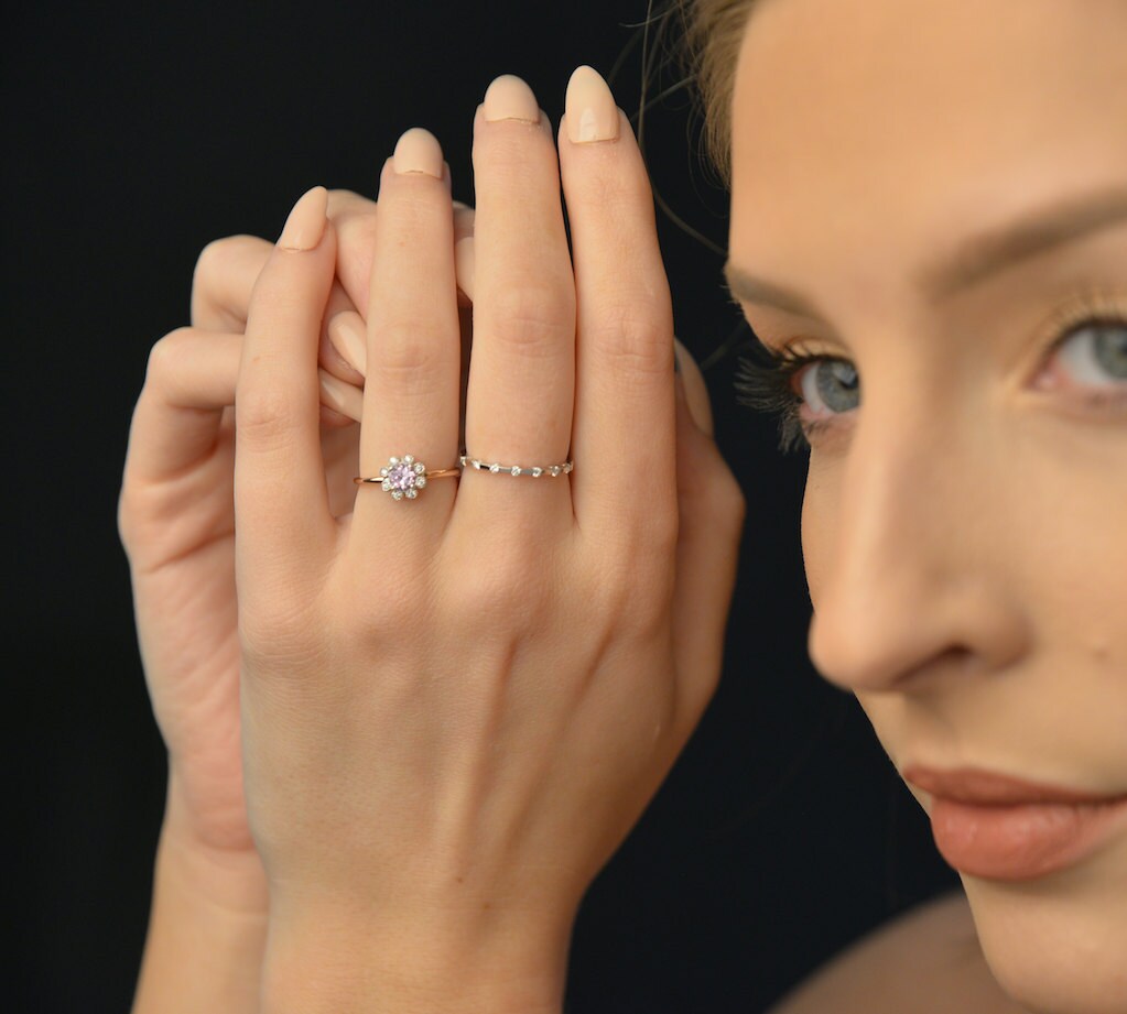 Round Pink Sapphire Fashion Ring With a .50ct Center Stone and 8 Round ...