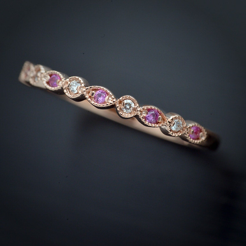 14KT Pink Gold Stackable Band With Diamonds and Pink Sapphires | Etsy