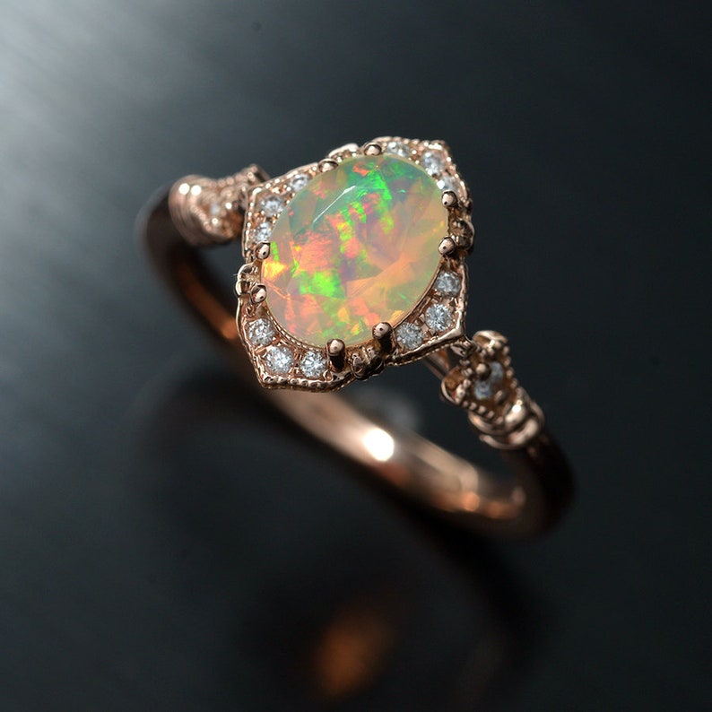 Fire Opal Oval Halo Engagement Ring Vintage Inspired Style in - Etsy