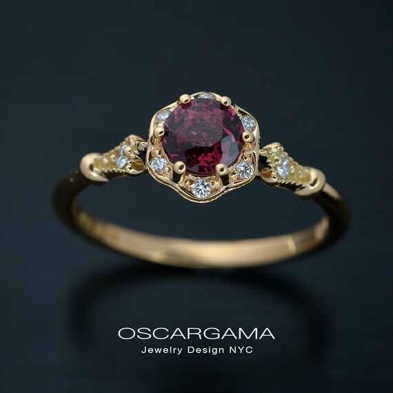 Engagement Ring With a Natural Deep Red Garnet Round in an | Etsy