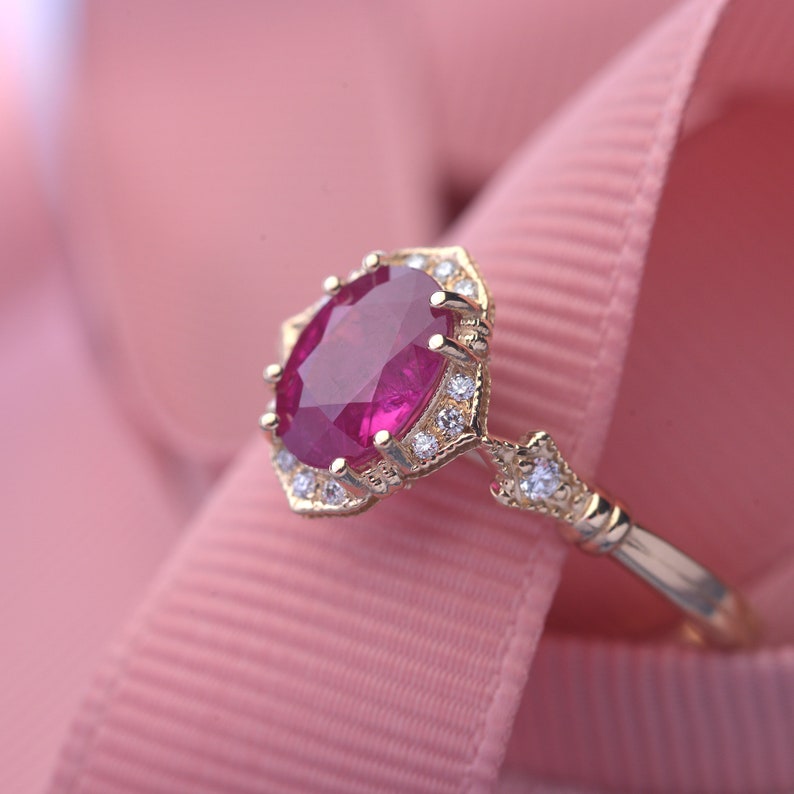 Natural Red Ruby Engagement Ring Set With Matching Band 14k - Etsy