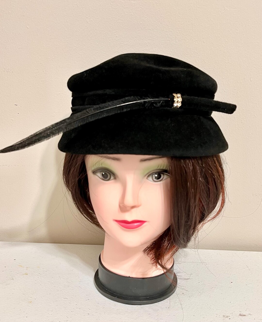 Vintage Black Velour Bucket Hat With Feather and Rhinestone Velour ...