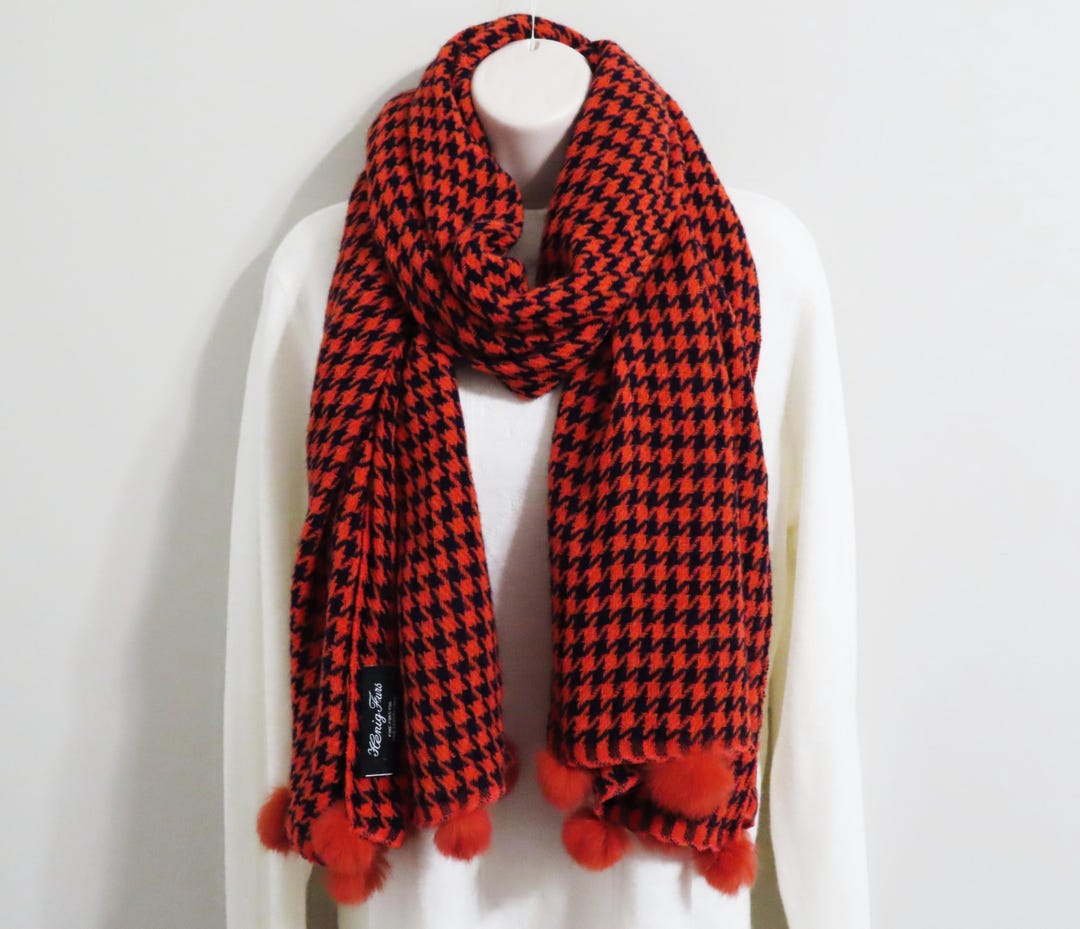 Henig Furs Pom Pom Trim Black& Orange Houndstooth Shawl Scarf - Etsy