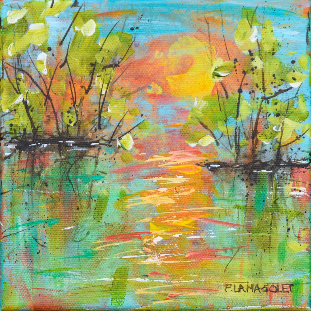 Original Impressionist Sunset Painting: Golden Hour Marsh Art (6x6) - Etsy
