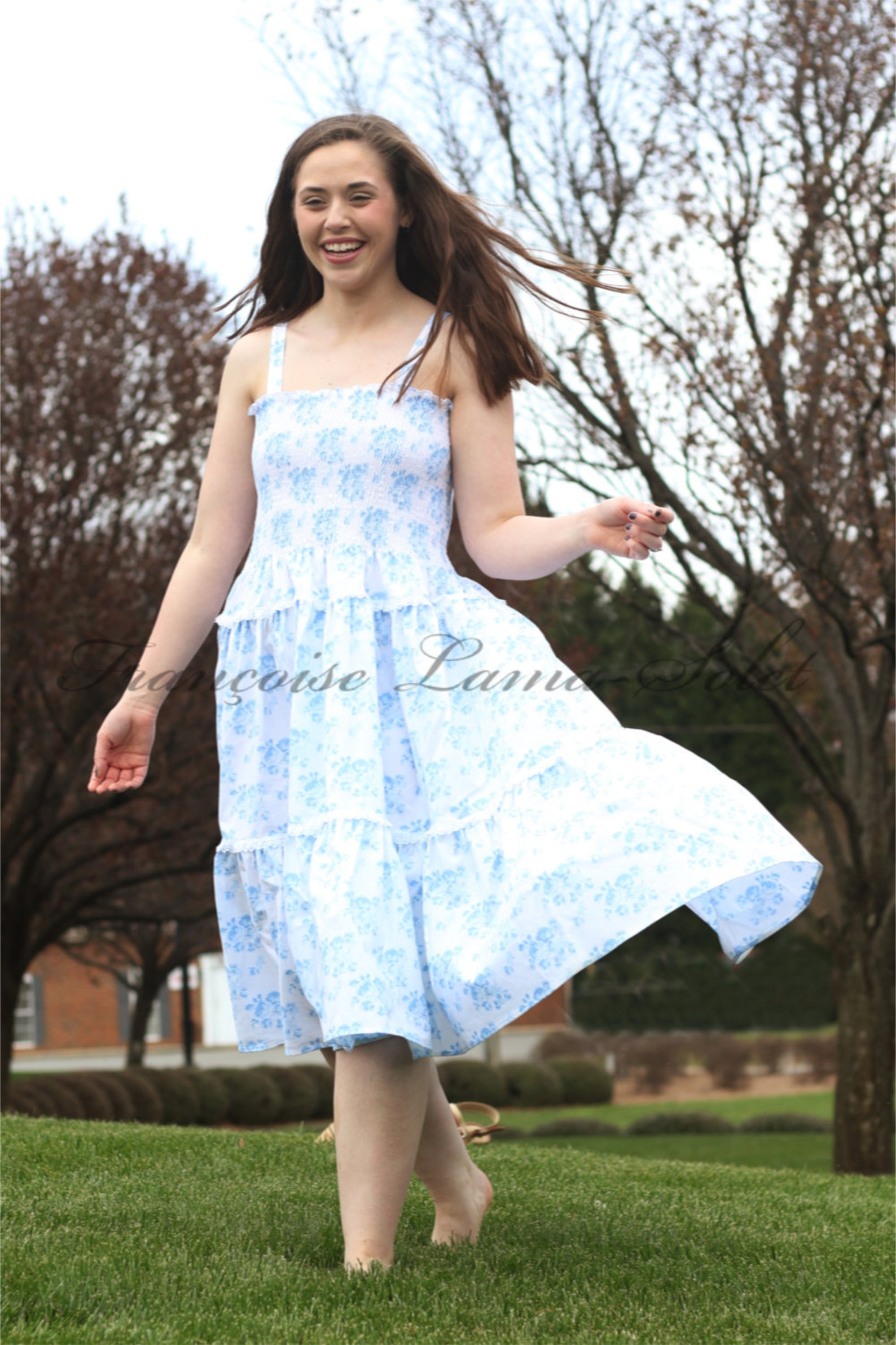 Prairie Dress Romantic Chic Dress Tiered Sundress Blue White Summer ...