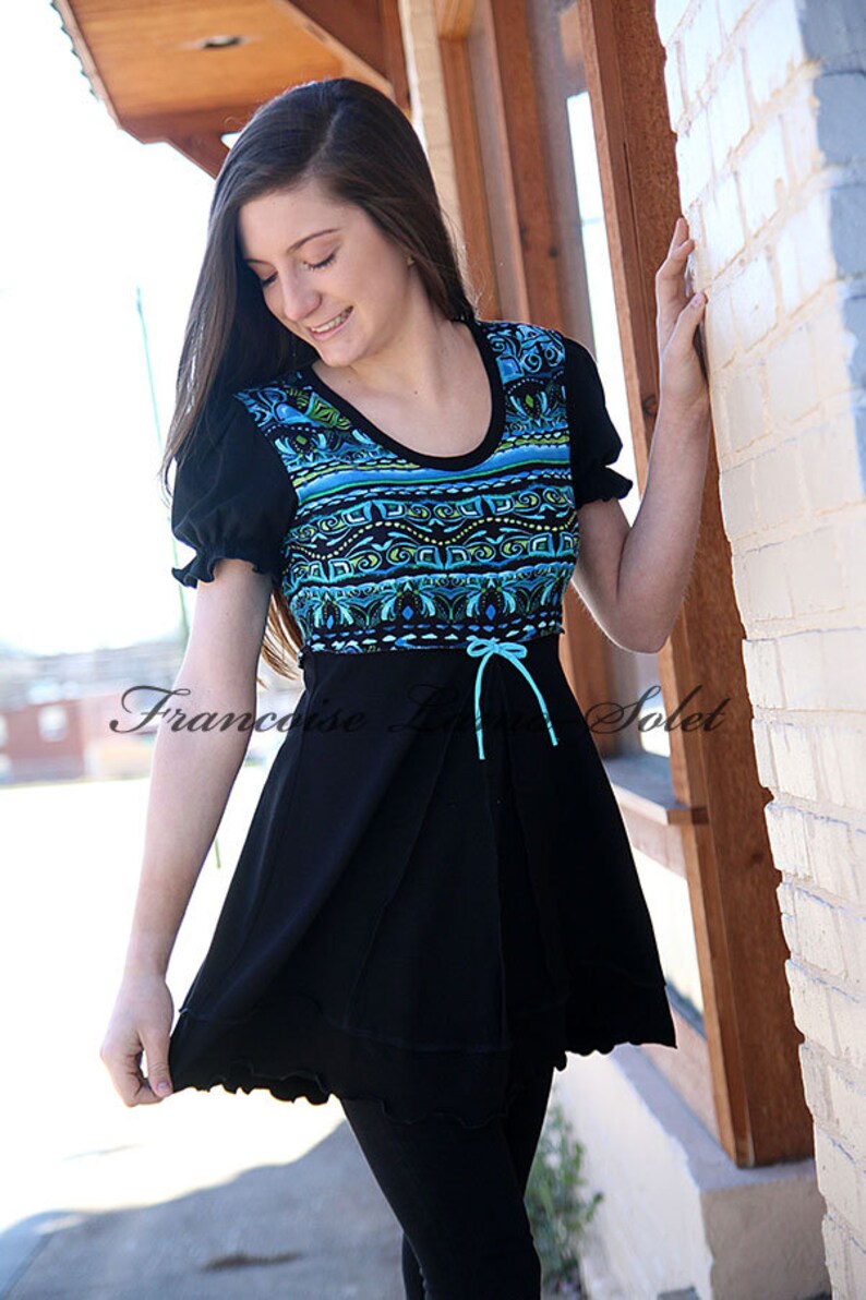 Black Turquoise Aztec Print Jersey Tunic Top, Fitted Flared Puff Sleeve ...