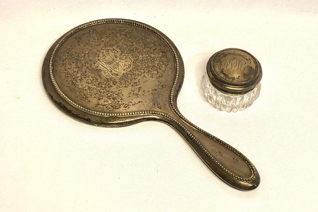Vintage Silver Handheld Mirror With Powder Jar-monogrammed Initials on ...