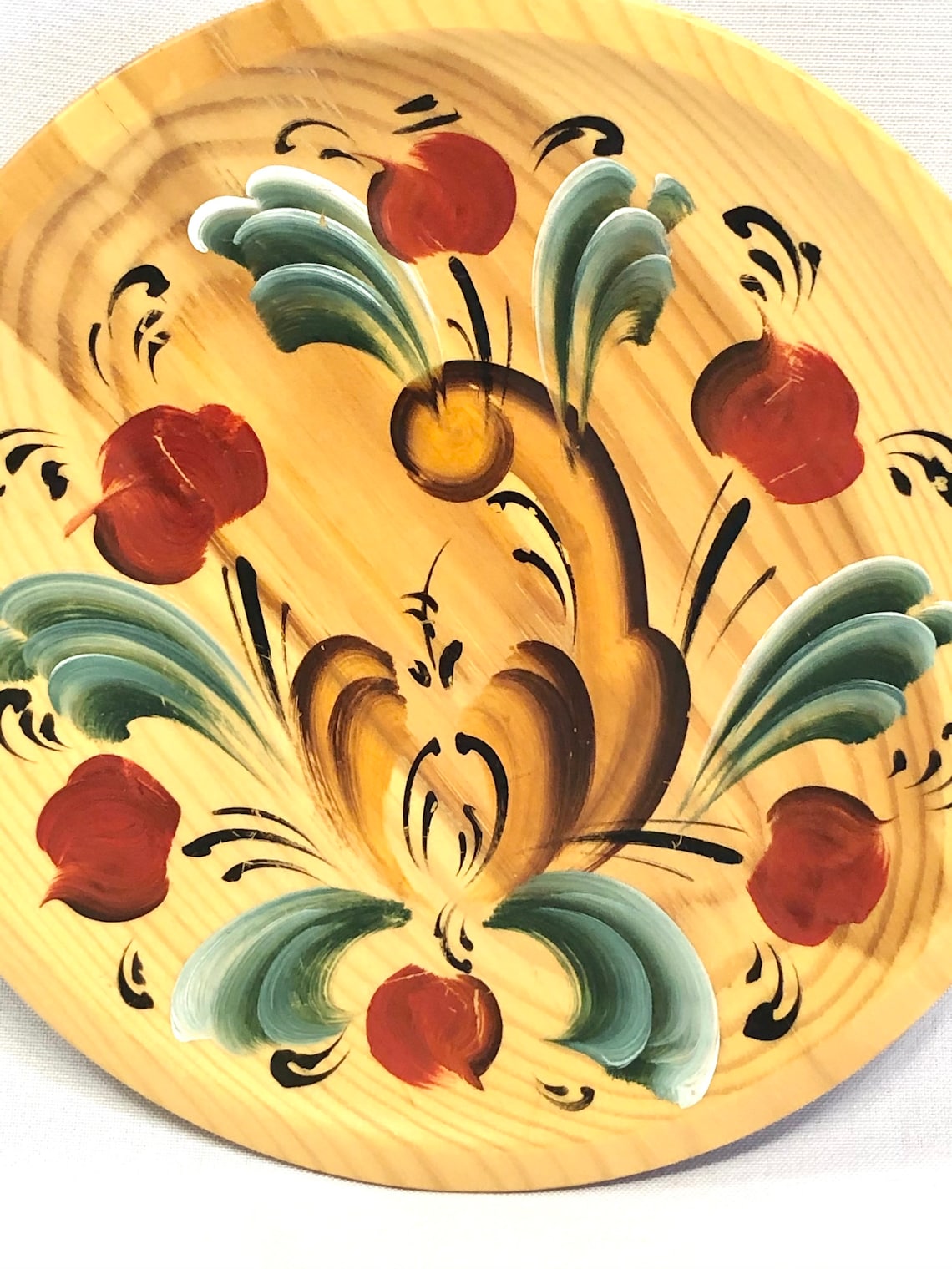 Tole Painted Wood Round Decorative Plate-norway - Etsy