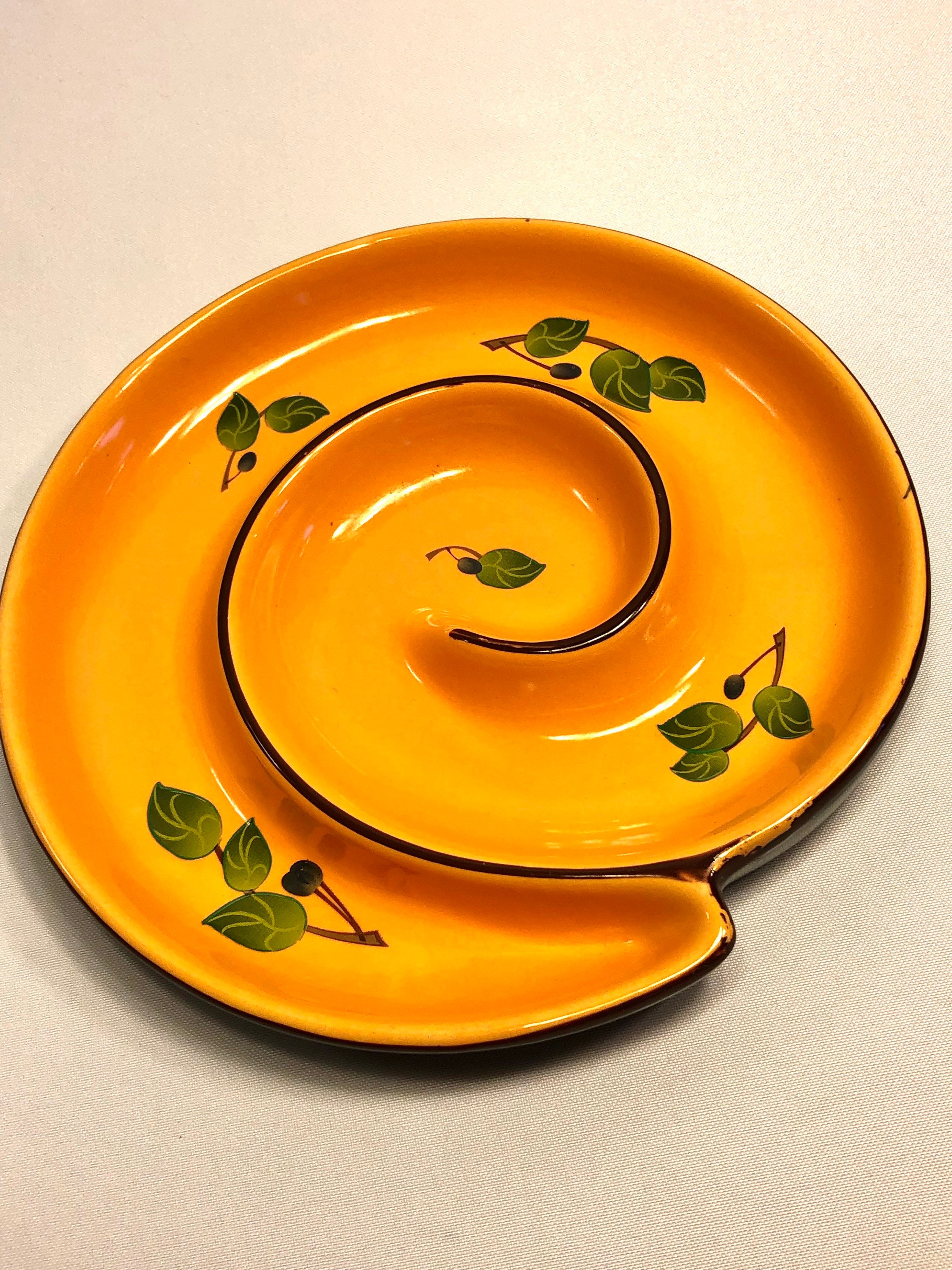 Shonfelds Spiral Olive Leaf Design Ceramic Appetizer Dish-orange Glaze ...