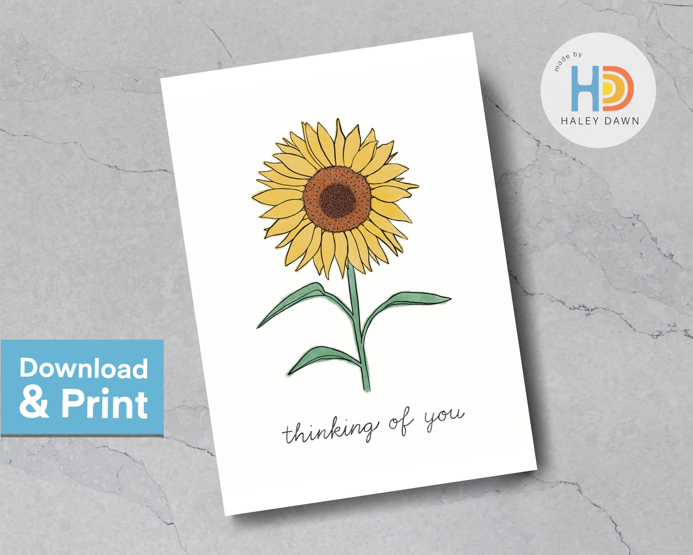Printable Sunflower Thinking of You Card - PDF Downloads - 2 Sizes ...