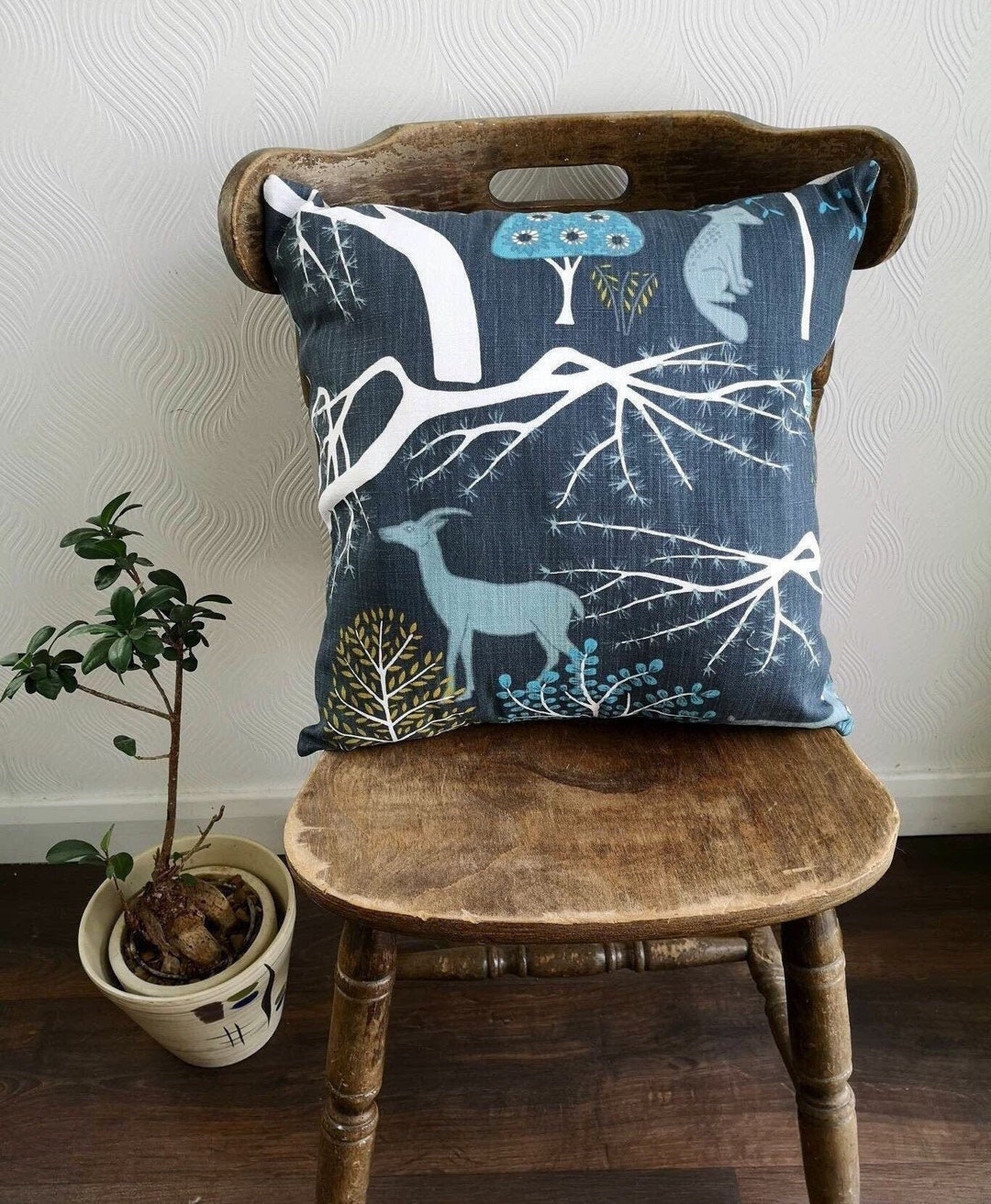 Scandi Cushion Cover, Nordic Forest Scene, Slate Grey, White, Blue ...