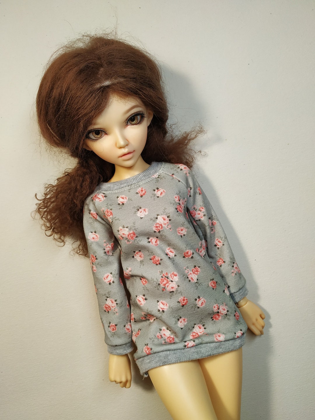Minifee Pink Tiny Roses on Gray Blouse With Gray Cuffs Jumper Sweater ...