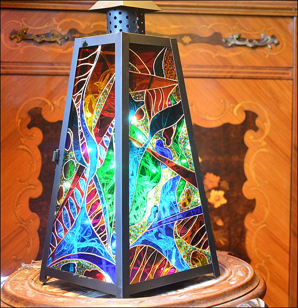 Abstract Design Stained Glass Candle Lantern READY TO SHIP | Etsy