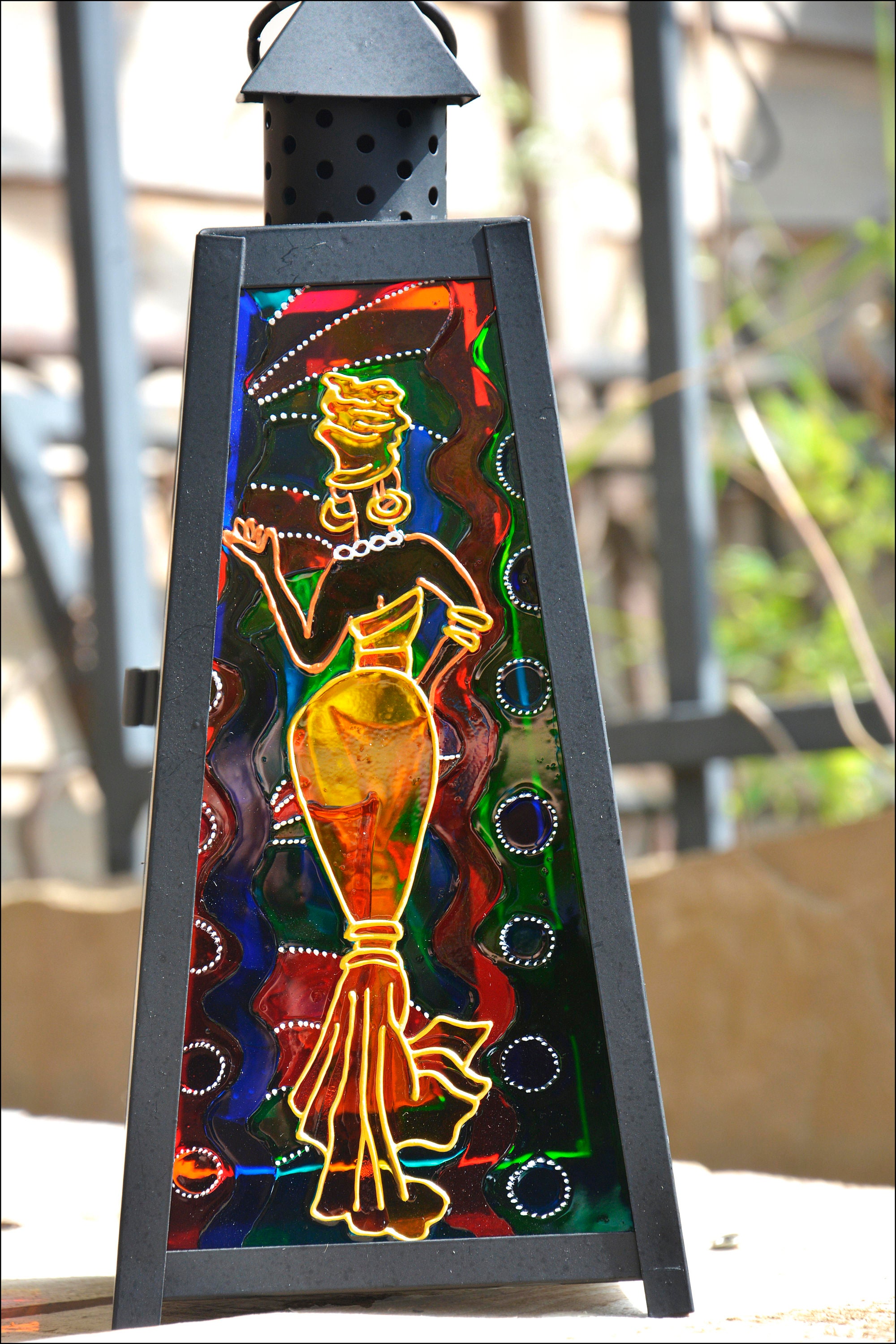 African Women Stained Glass Lantern, Africa Fabric Theme Candle Lantern ...