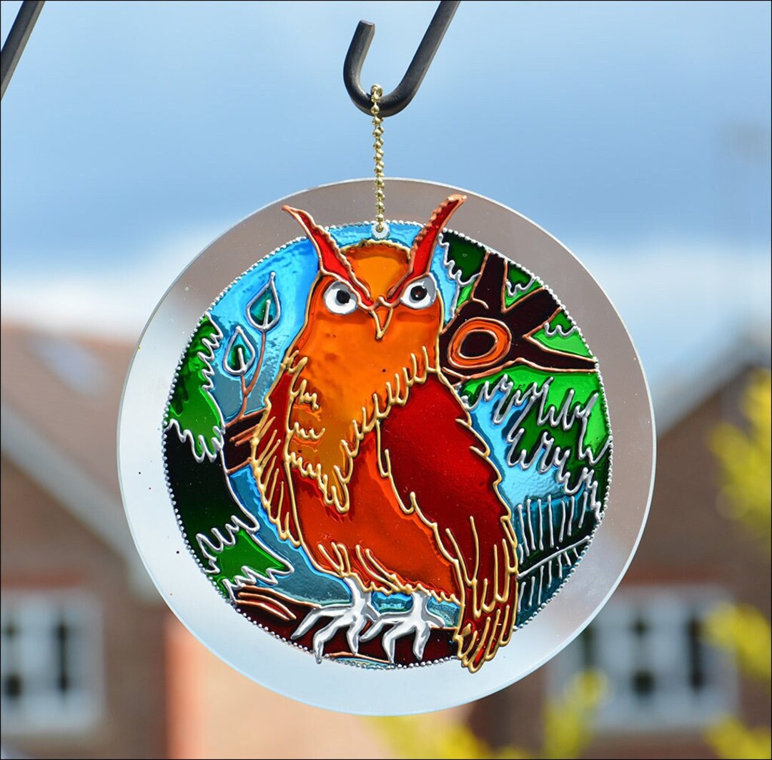 Stained Glass Owl Suncatcher, Woodland Bird Garden Ornament, Window ...