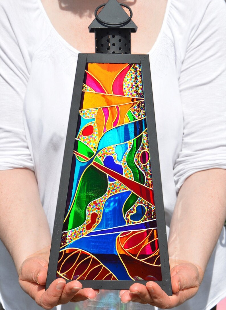 Abstract Design Stained Glass Candle Lantern READY TO SHIP | Etsy