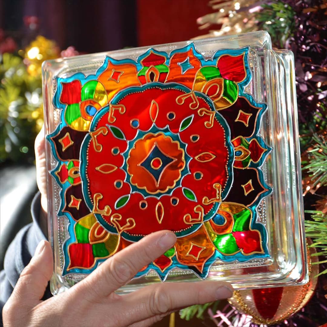 Rangoli Diwali Lantern, Hand Painted Glass Block, Vibrant Night Light ...