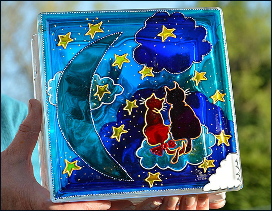Moonlight Cat Stained Glass Night Light, Hand Painted Glass Suncatcher ...