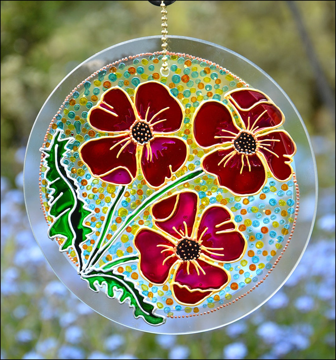 Poppy Stained Glass Suncatcher, Red Flower Window Light Catcher ...