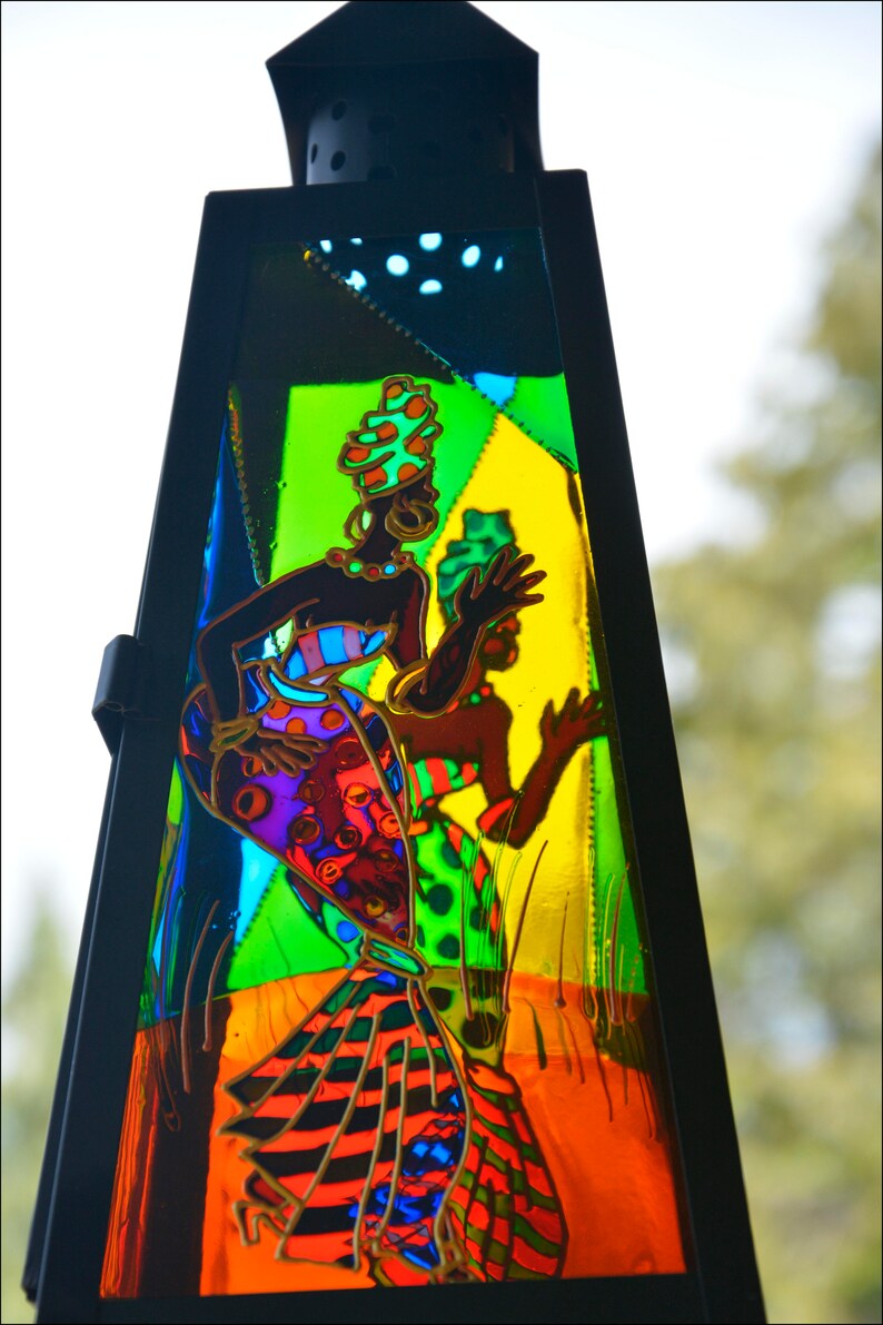 African Women Stained Glass Lantern, Africa Fabric Theme Candle Lantern ...