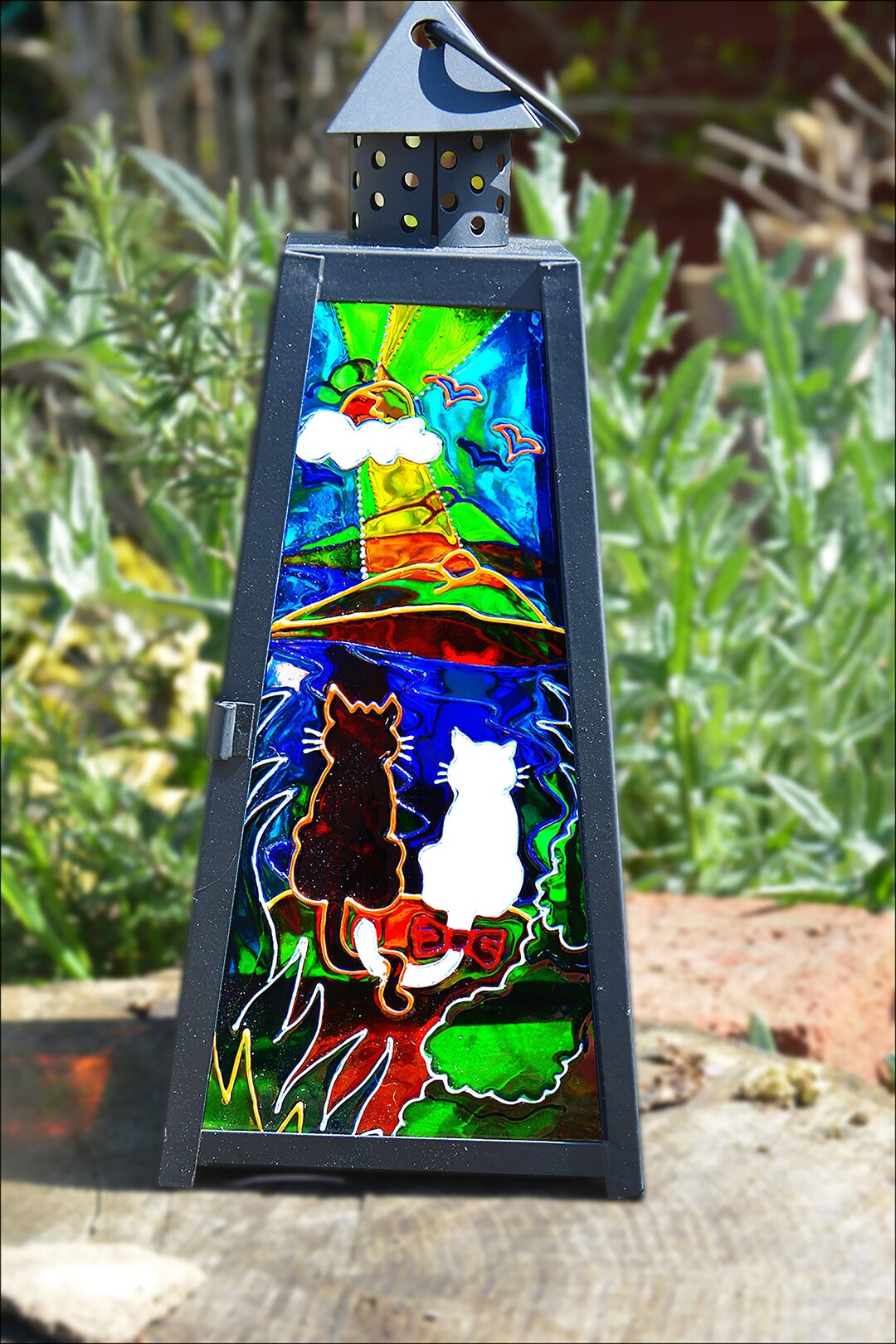 Caribbean Sea Beach Cat Couple Stained Glass Candle Lantern - READY TO ...
