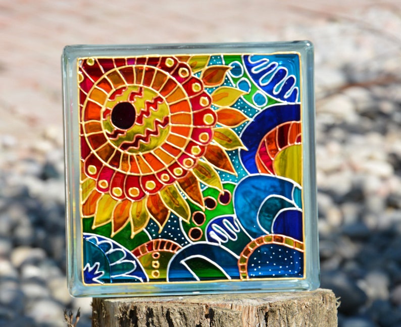 Sunflower Stained Glass Block, Hand Painted Pop Art Gift, Floral Night ...