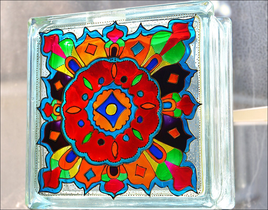 Rangoli Diwali Lantern, Hand Painted Glass Block, Vibrant Night Light ...