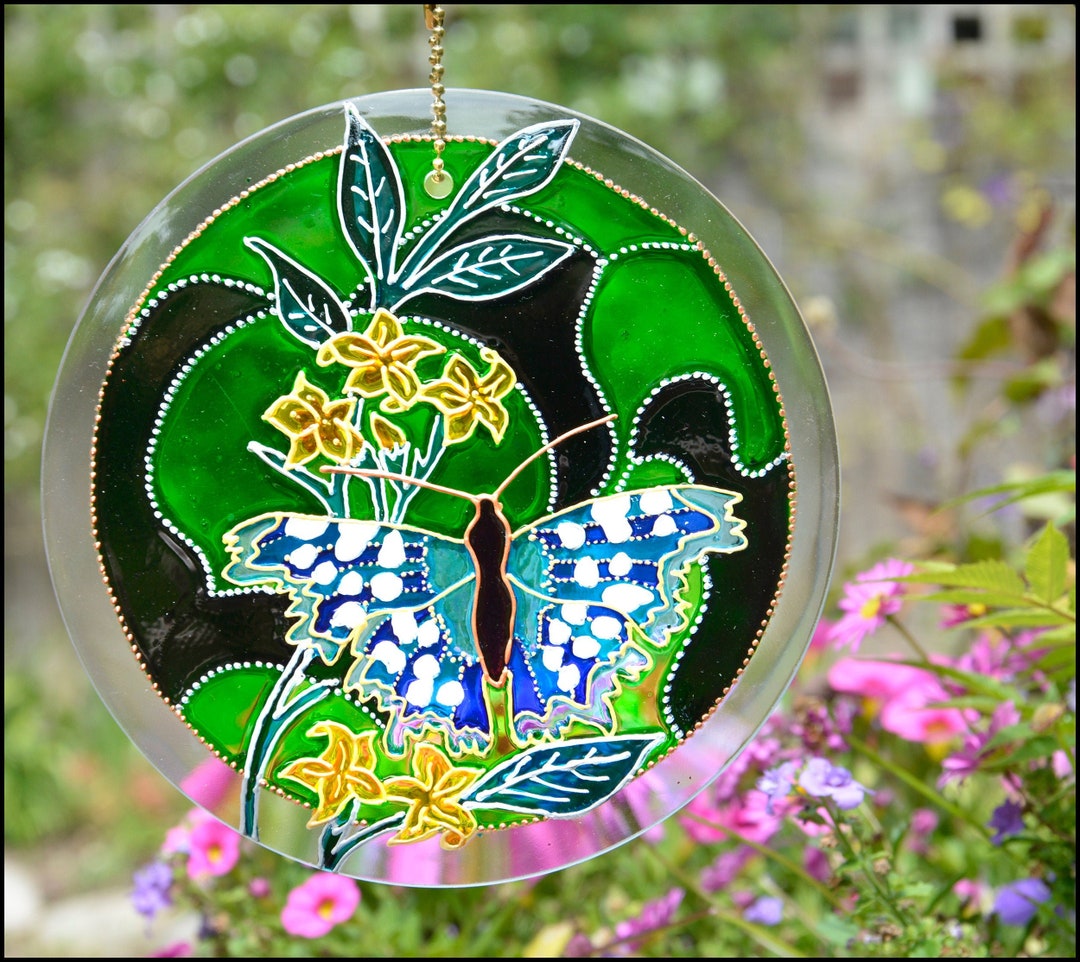 Blue Butterfly Stained Glass Sun Catcher, Leaf Green Summer Butterflies ...