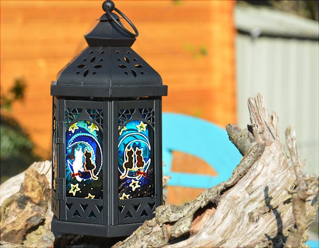 Small Cats Moroccan Candle Lantern, Cute Cats on the Moon Hanging Lamp ...