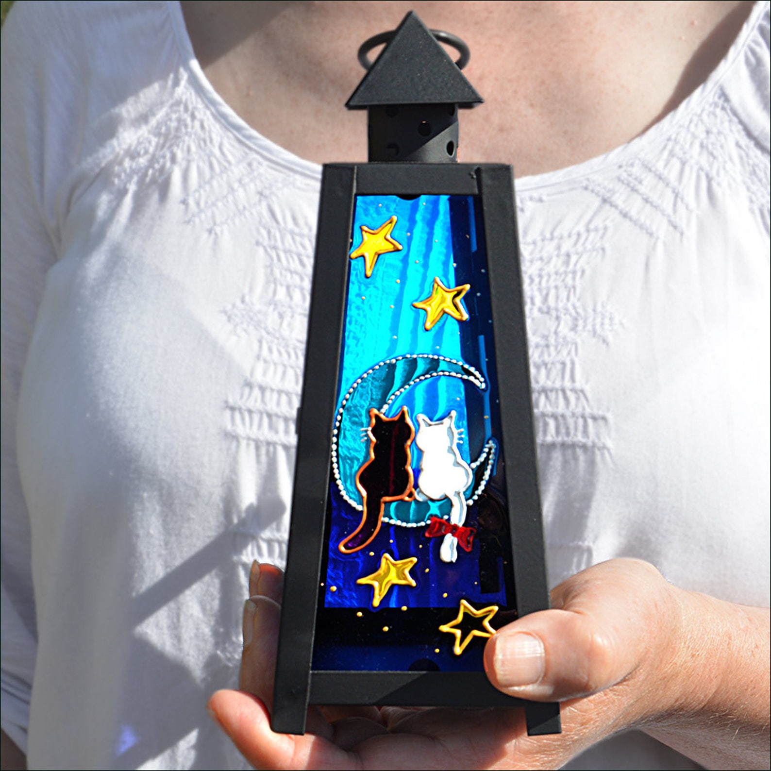 Little Cat Stained Glass Lantern, Window Art Gift, Hanging Votive ...