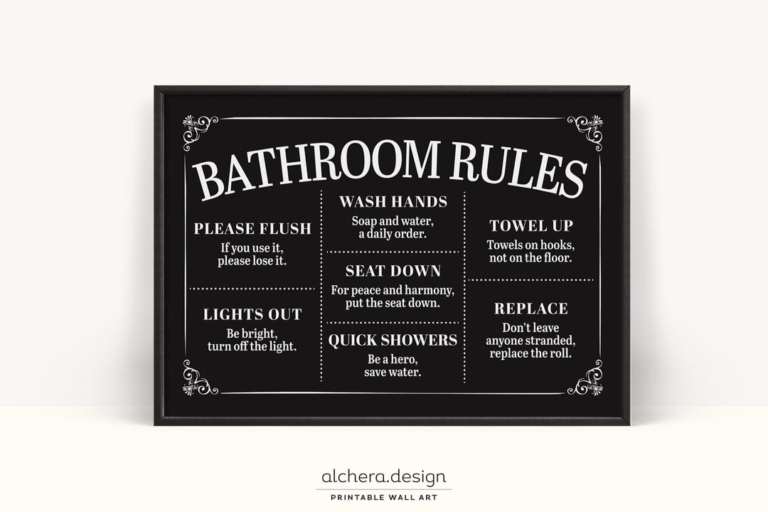Bathroom Rules Printable Wall Art, Bathroom Decor Sign, Black Bathroom ...