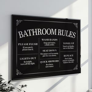 Bathroom Rules Printable Wall Art, Bathroom Decor Sign, Black Bathroom ...