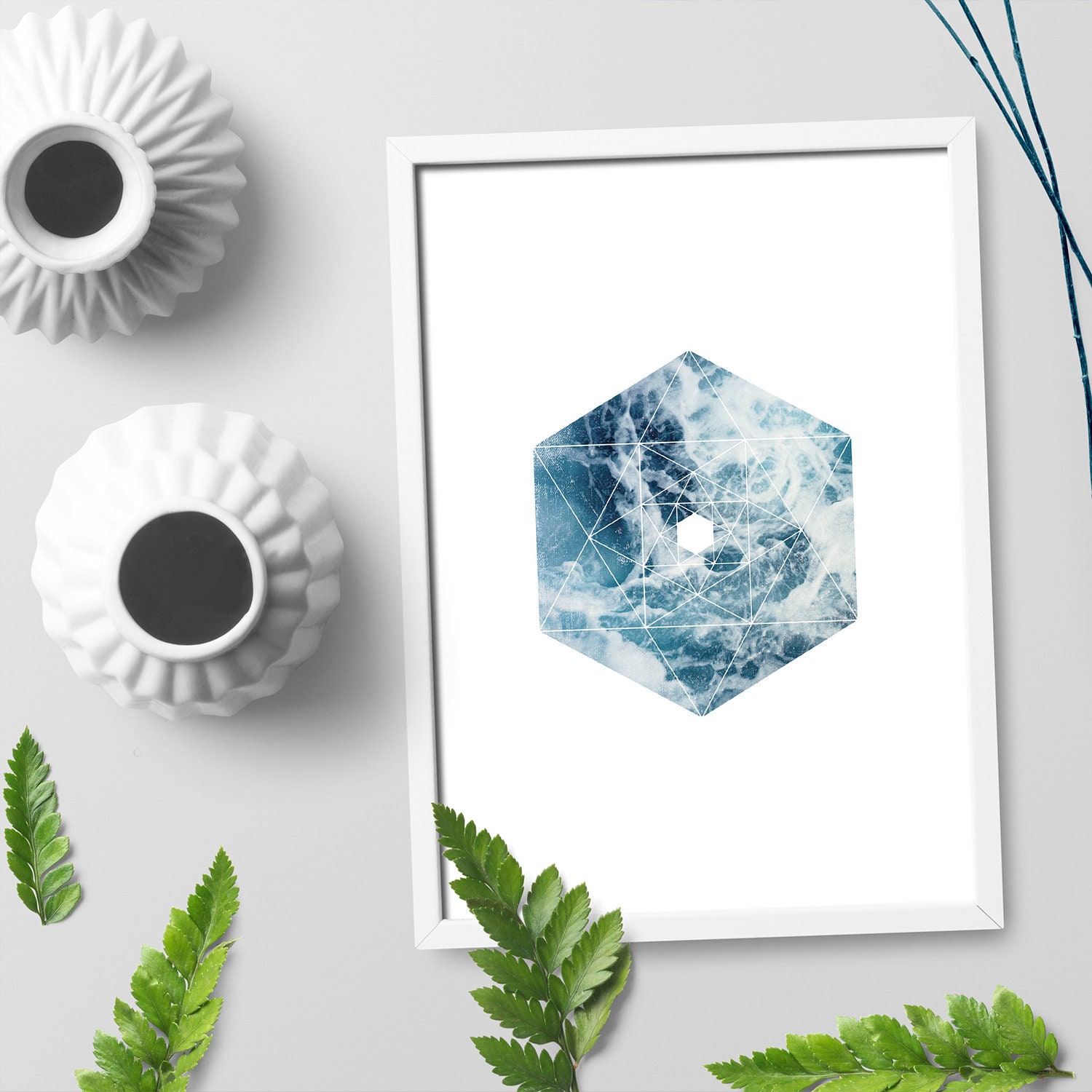 Hexagon Print Geometric Wall Art Printable Large Poster Sea | Etsy