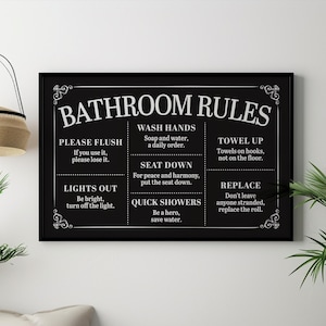 Bathroom Rules Printable Wall Art, Bathroom Decor Sign, Black Bathroom ...