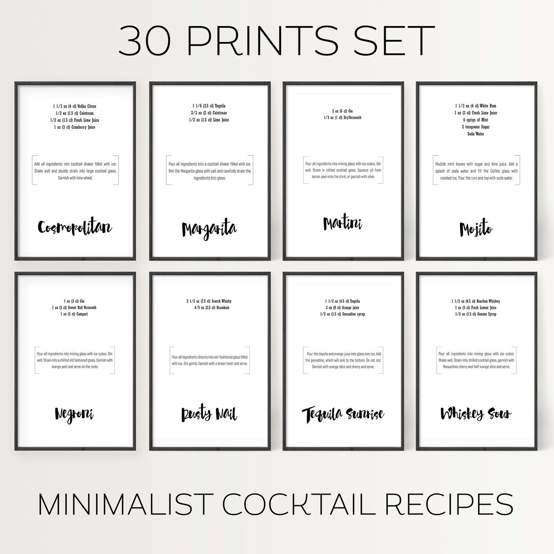 Minimalist Cocktail Recipe Prints, SET OF 30 PRINTS, Printable Bar ...