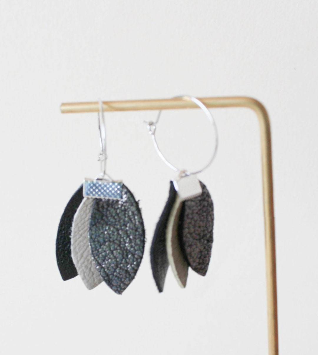Hoop Dangles With Leather Petals Black Leather Dangles - Etsy
