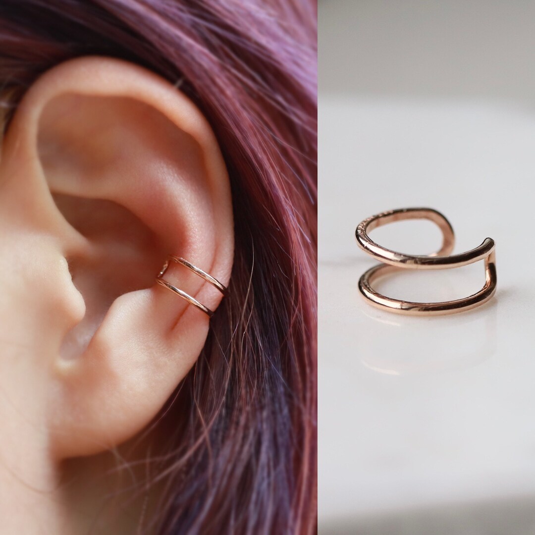 14k Solid Gold Two Rings Ear Cuff,simple Gold Ear Cuff No Piercing ...